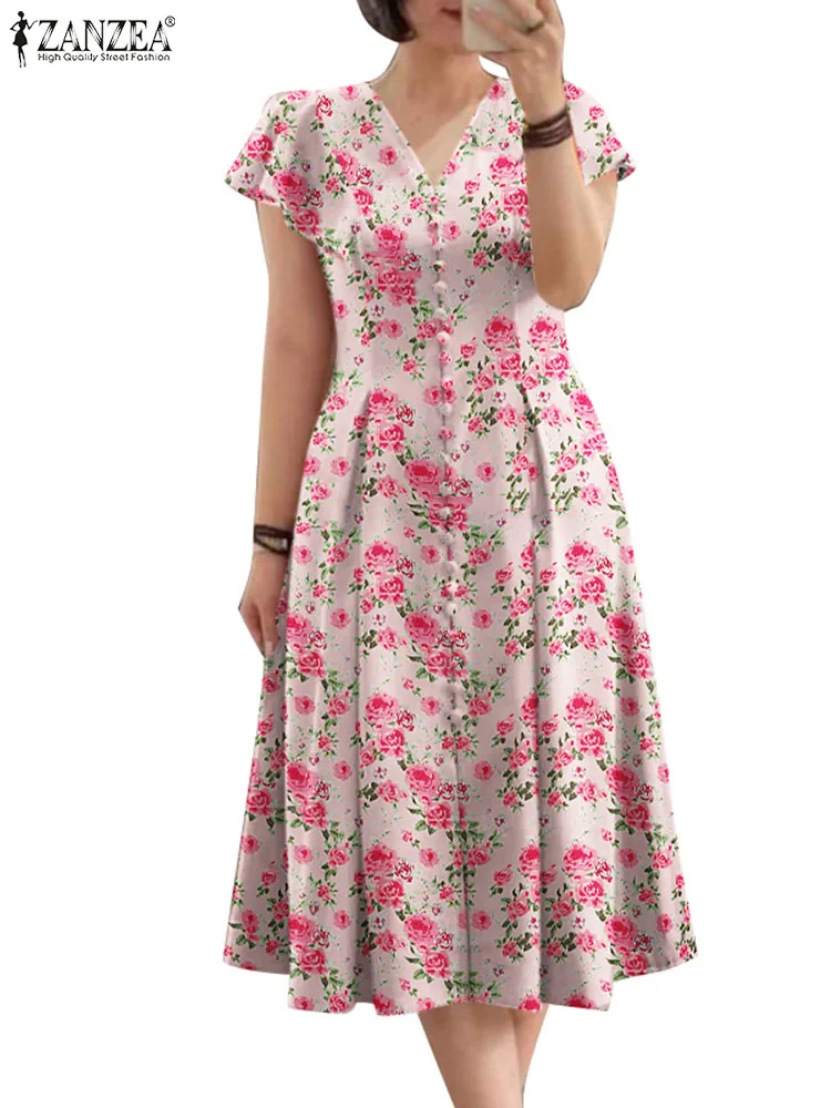 Elegant Floral Dress ZANZEA Women Summer Short Sleeve Party Sundress ...