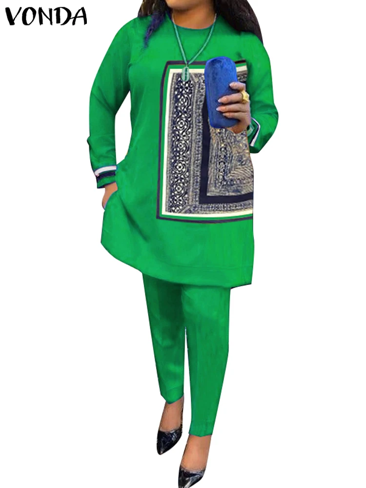 Plus Size VONDA Women Fashion Pant Sets Elegant Suits Long Sleeve ...