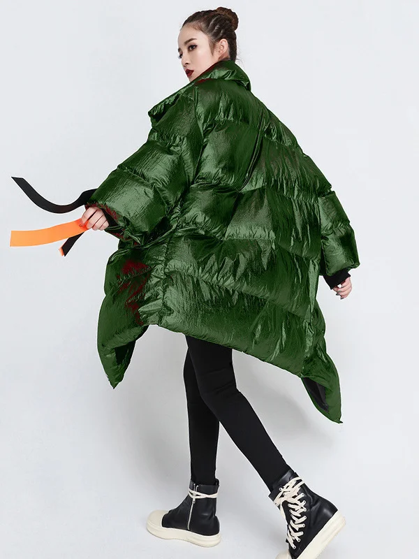 TWOTWINSTYLE Winter Women's Down Jacket Long Sleeve Patchwork Ribbons ...