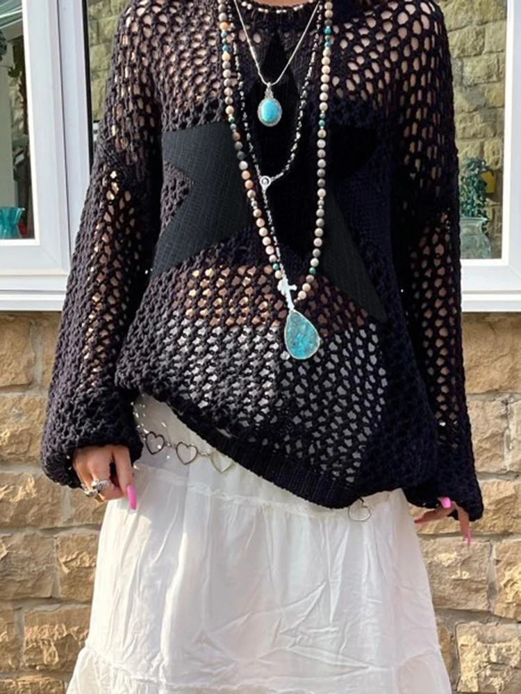 Weekeep Distressed Crochet Star Sweater Pullovers Oversized Loose Holes ...