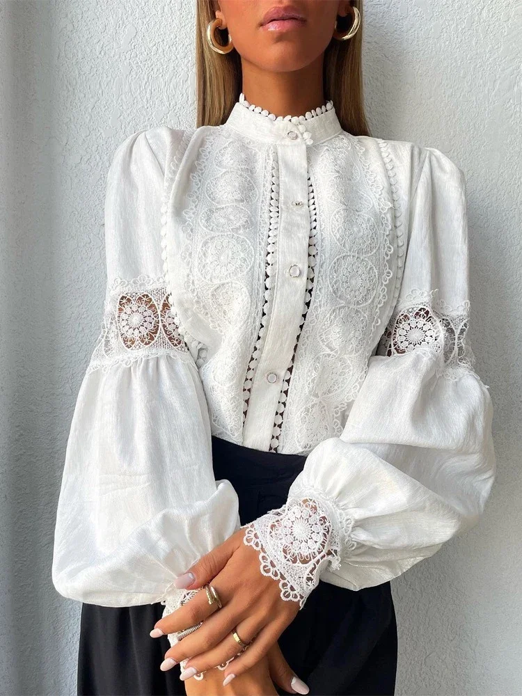 White Lace Blouses Women Elegant Solid Casual Lace and Button Hook ...