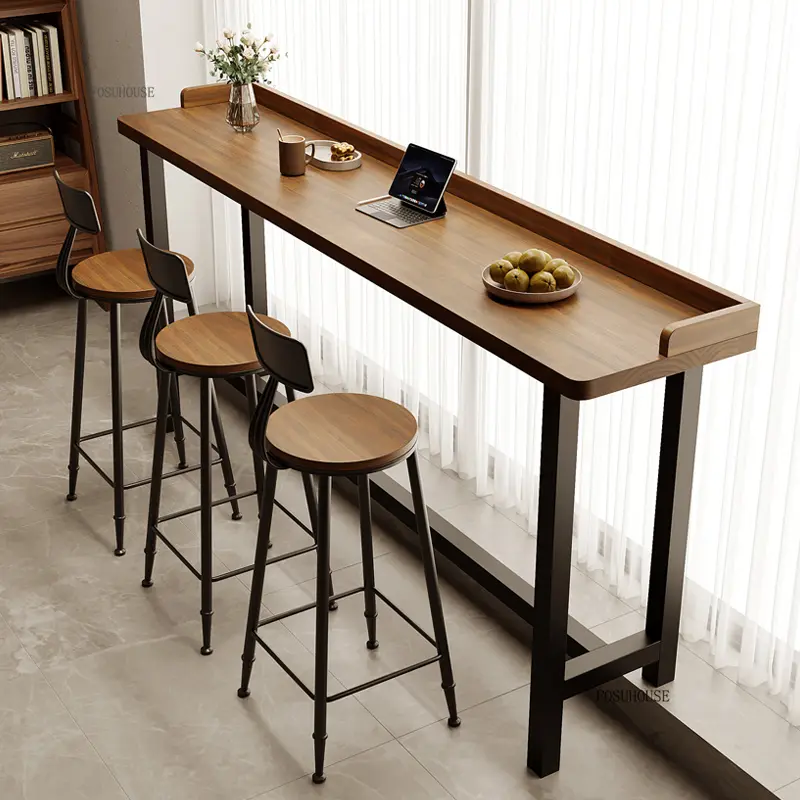 High-Quality Double-Layer Solid Wood Bar Table For Balcony Or Kitchen.