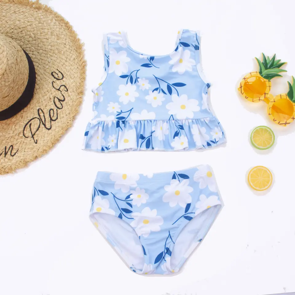 Floral Ruffle High Stretchy Beach Girls Kids Swimsuit High Waist ...