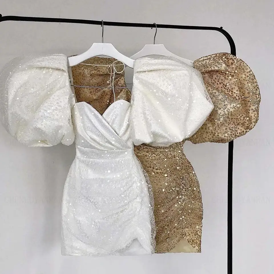 Elegant Glitter Ivory Cocktail Dress With Puff Sleeves For Prom Night.