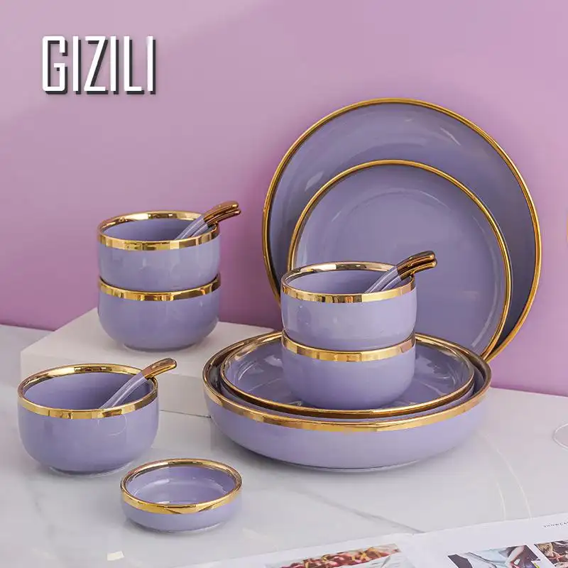 Luxury Purple Porcelain Dinner Plates And Bowls Set.