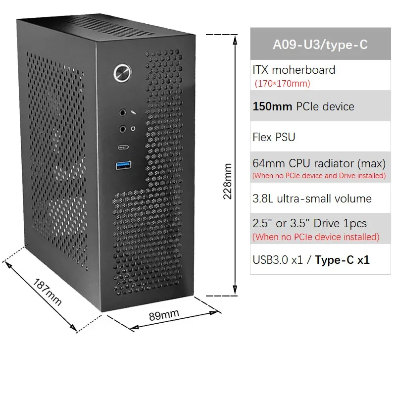 A09 3.8L ITX Chassis A4 HTPC Portable Computer PC Support PCIe 2.5' SSD ...