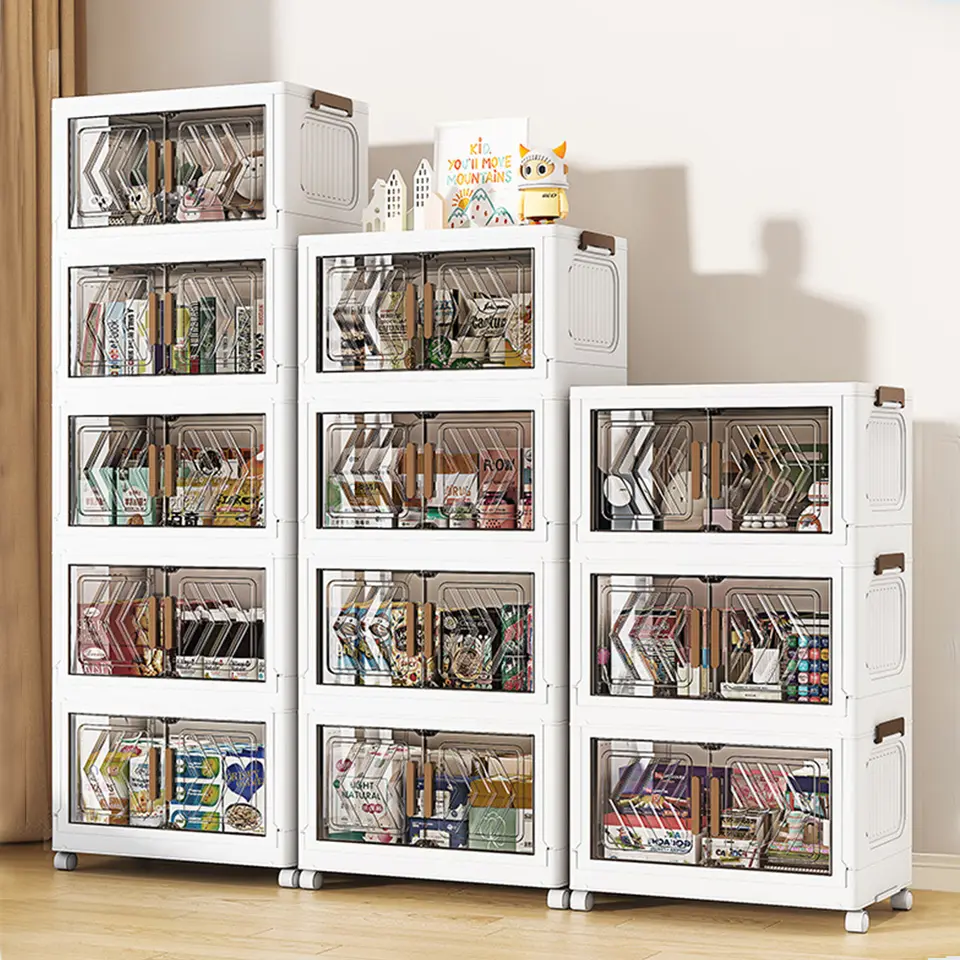 4 Tier Stackable Storage Bins with Doors & Wheels Foldable Organization ...