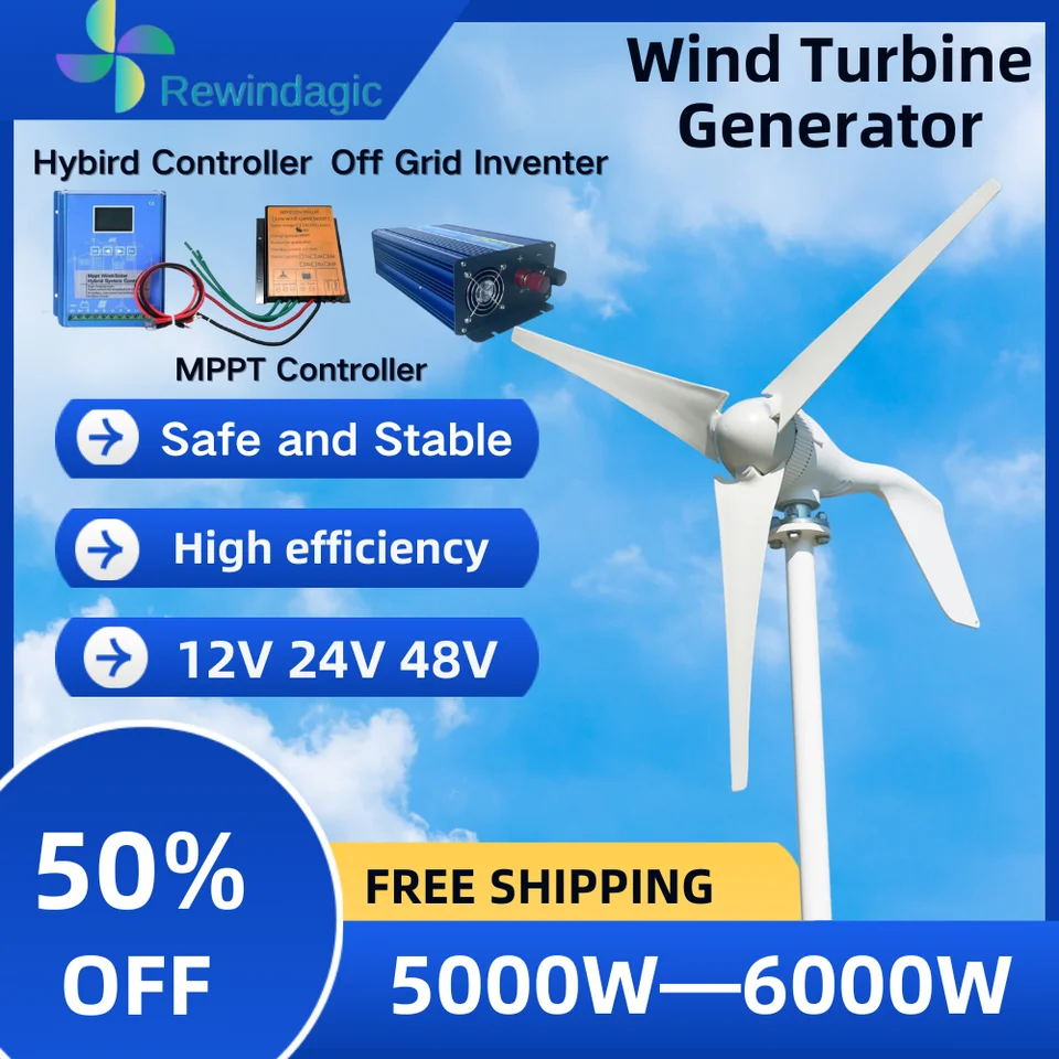 Horizontal Wind Turbine Generator Roof 5KW 6KW 24V 48V Free Alternative Energy Camping Windmill ...