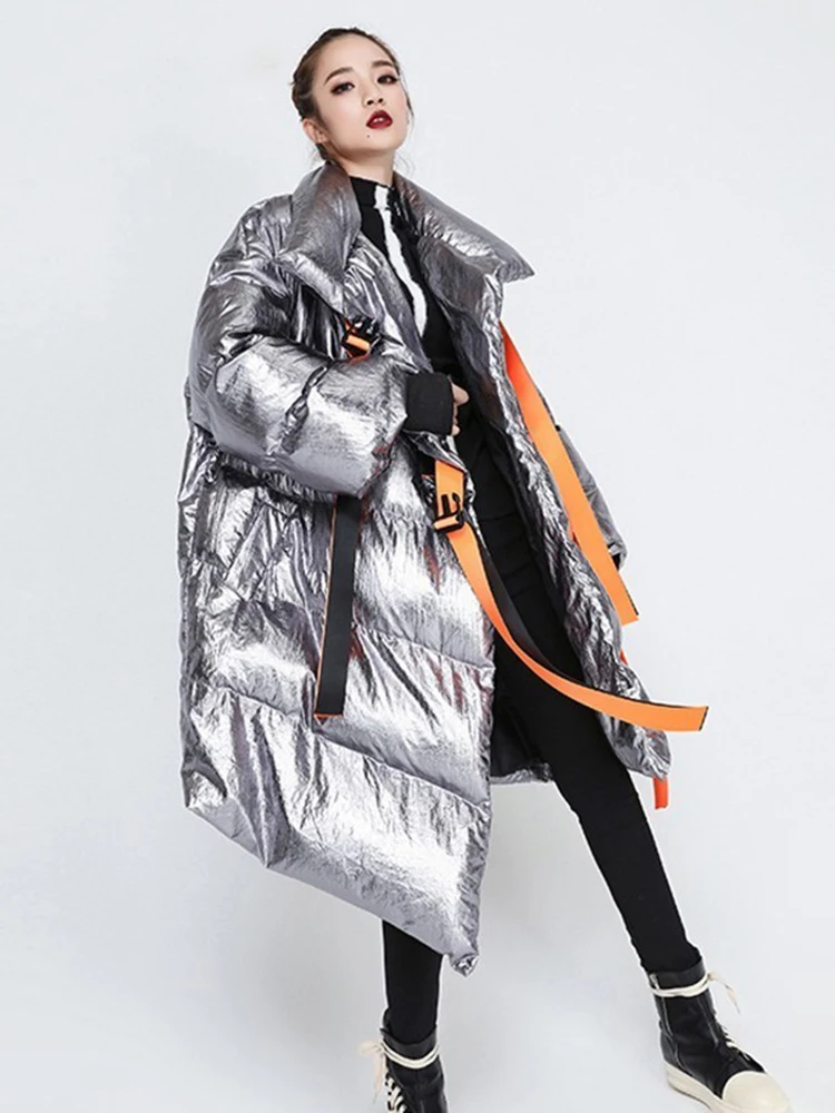 TWOTWINSTYLE Winter Women's Down Jacket Long Sleeve Patchwork Ribbons ...