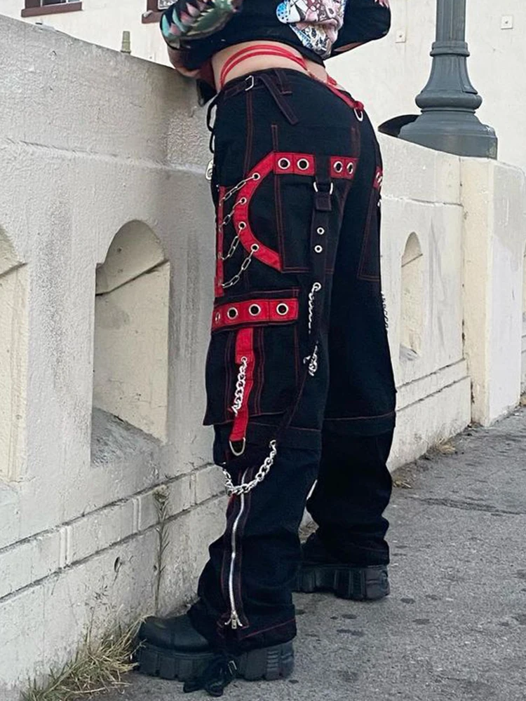 Weekeep Punk Wide Leg Pants Streetwear Low Rise Baggy Gothic Cargo ...