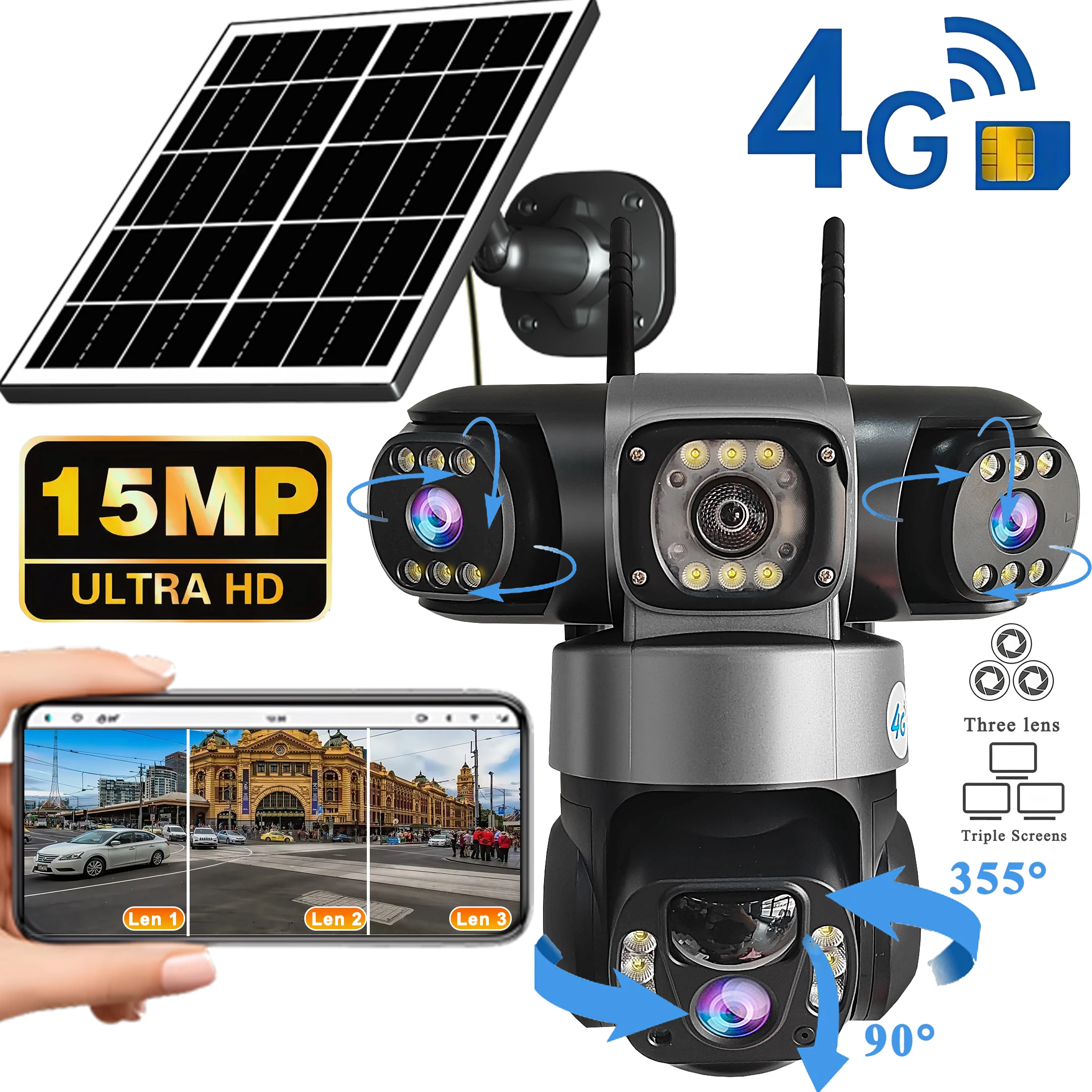 Preisvergleich für 3 Objektiv 4G Solarkamera 15 MP HD Sicherheit CCTV Wasserdichte Nachtsicht ...