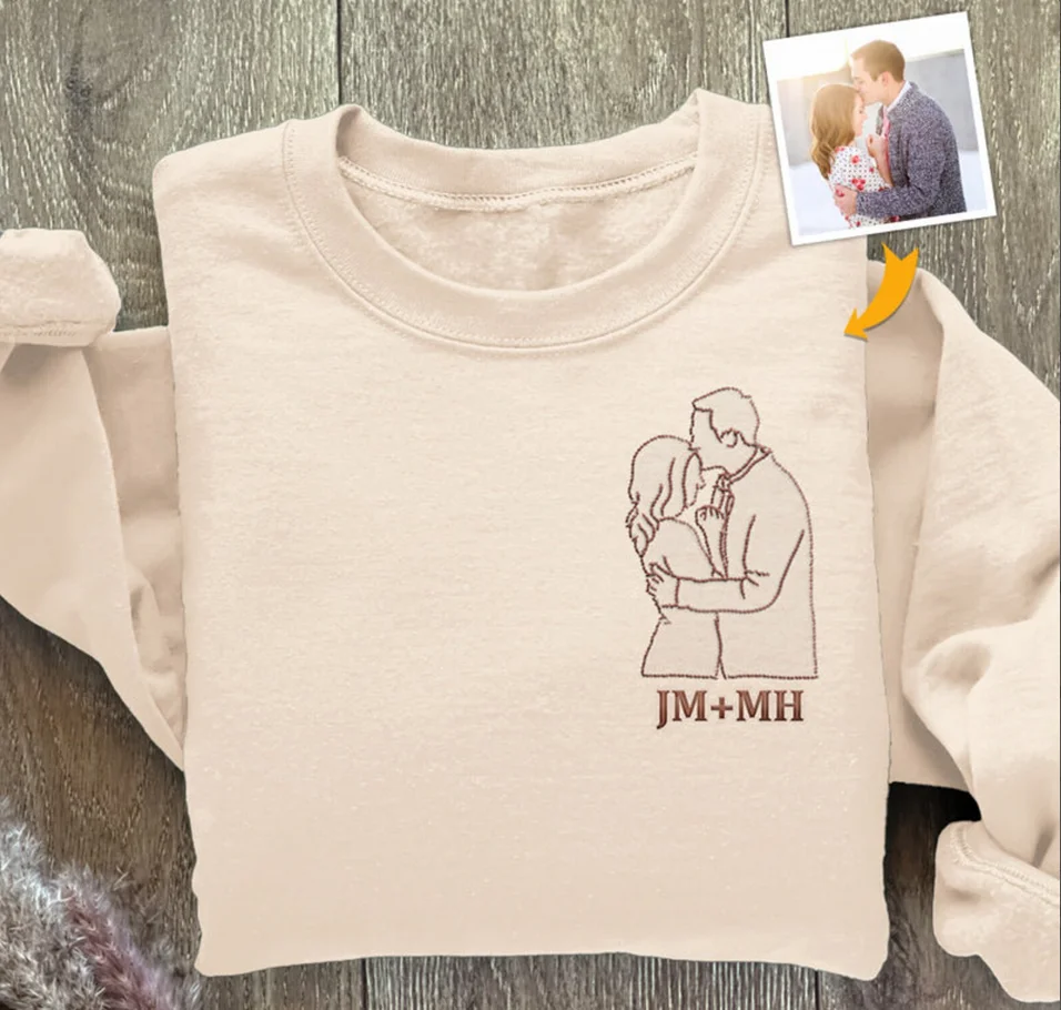 Custom Portrait Embroidered Sweatshirt, Couples Embroidered Sweatshirts ...