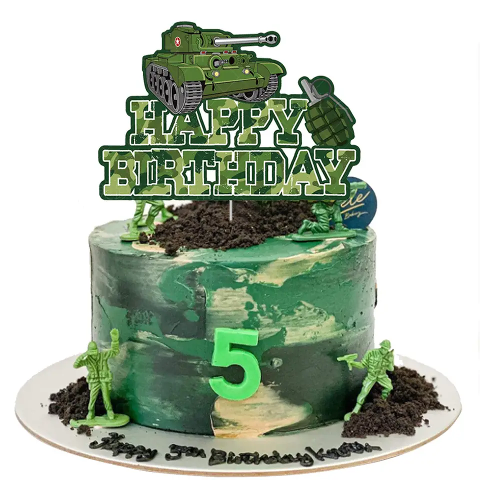 Camouflage Birthday Cake Topper, Happy Military Themed Decoration.