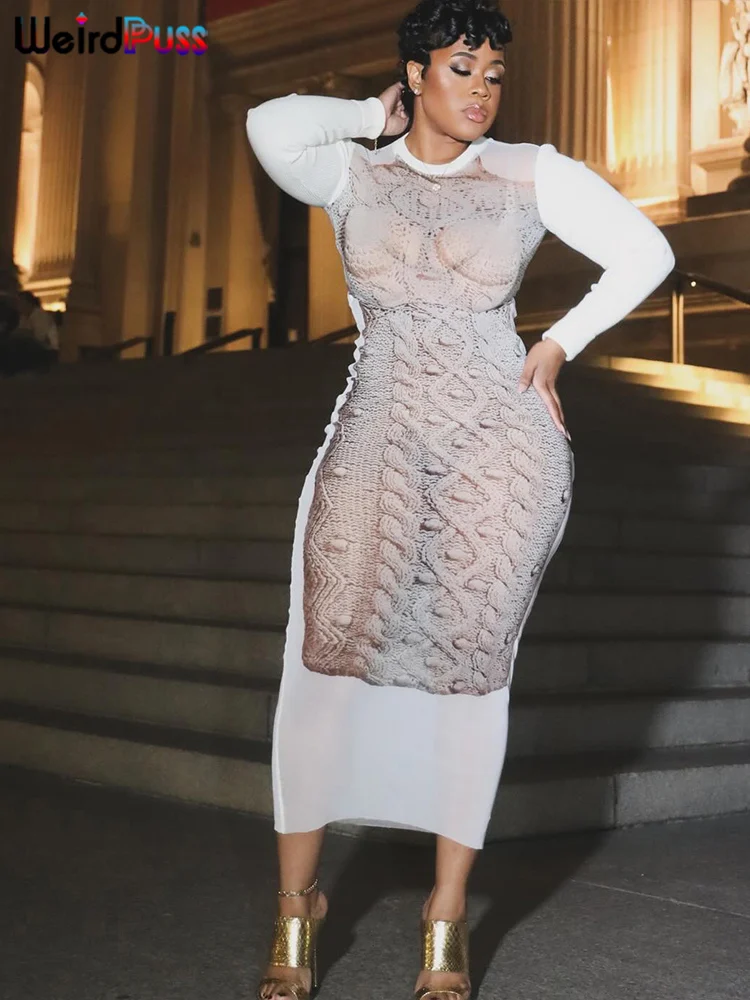 Innovative See-Through Wool Dress For Women, Sexy O-Neck Fall Clubwear.