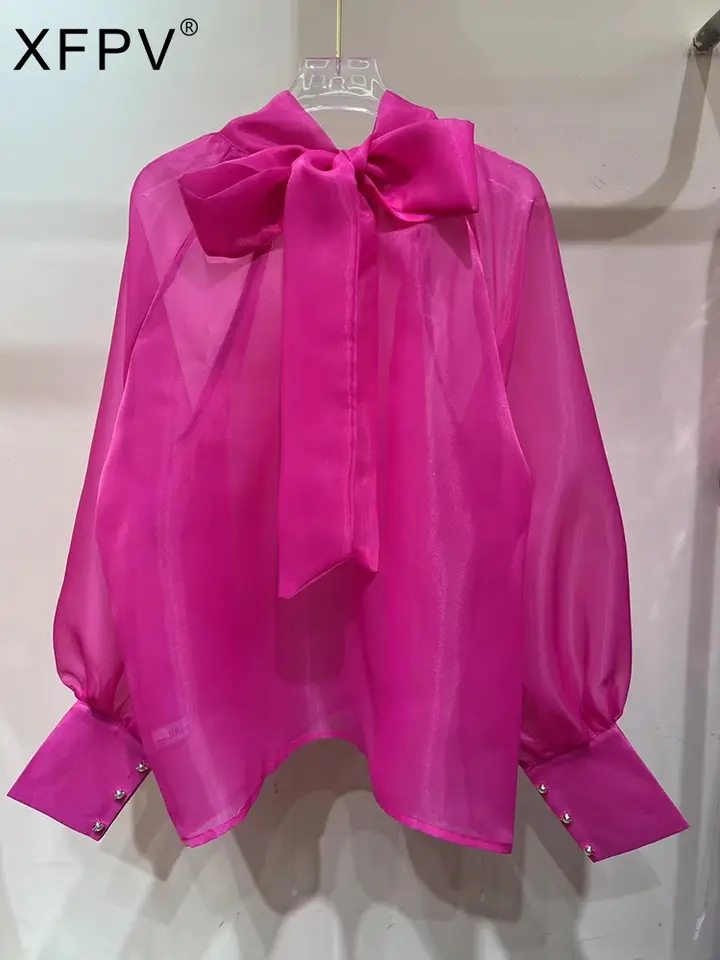 Stylish Women'S Lace-Up Puff Sleeve Chiffon Top For Spring Summer 2025.