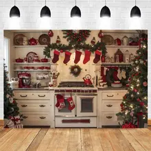 Christmas Modern Kitchen Photography Backdrop Retro Wood Wall Cook ...