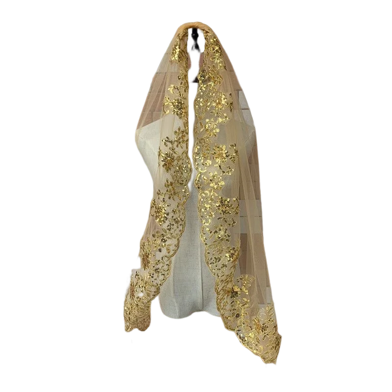 Luxury Sequins Appliques Gold Wedding Veil with Lace Edge Short Two ...