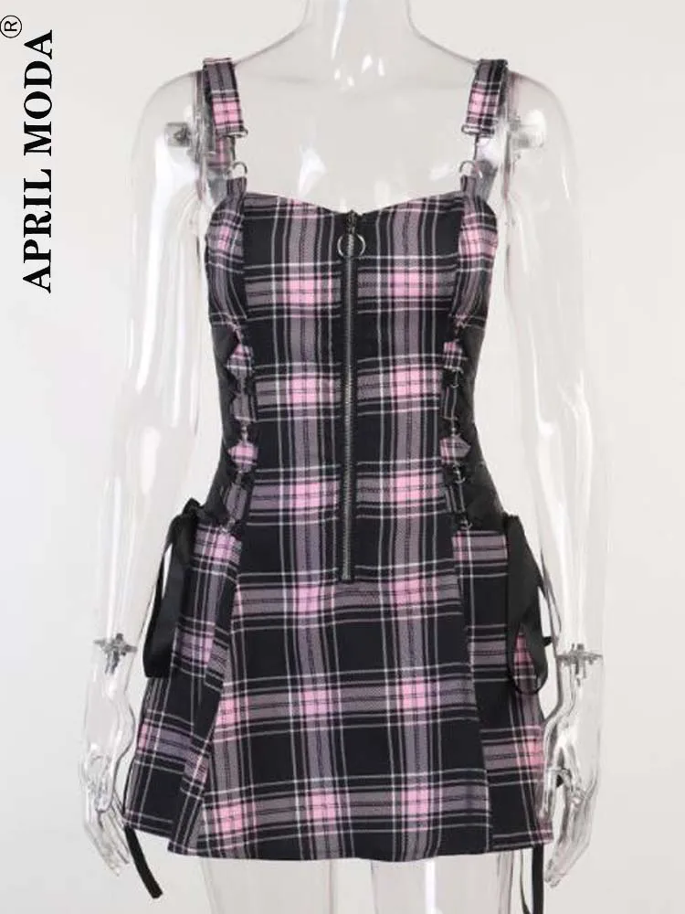Gothic Girls Red Plaid Pleated Emo Alt Dress Y2K Zip Up Robe Femme Punk ...