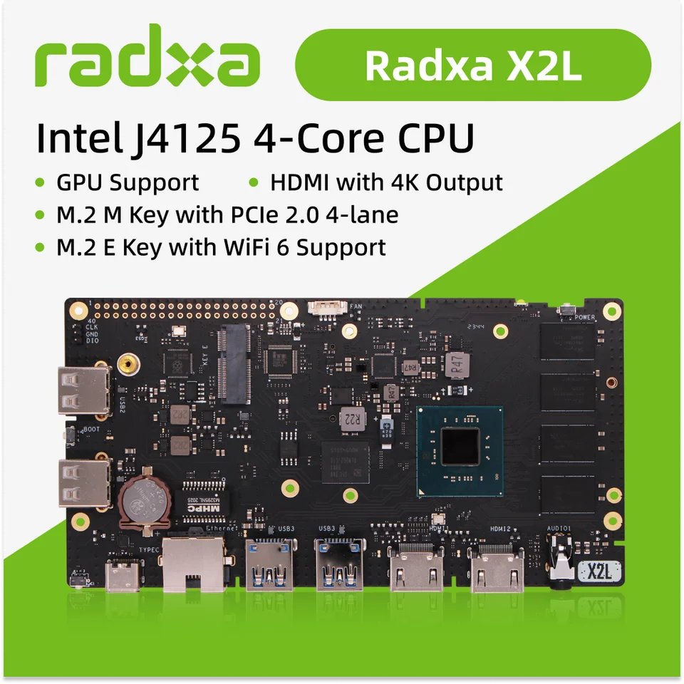 Placa Base De Desarrollo Radxa X2L Con Cpu Intel J4125 Y Salida 4K.