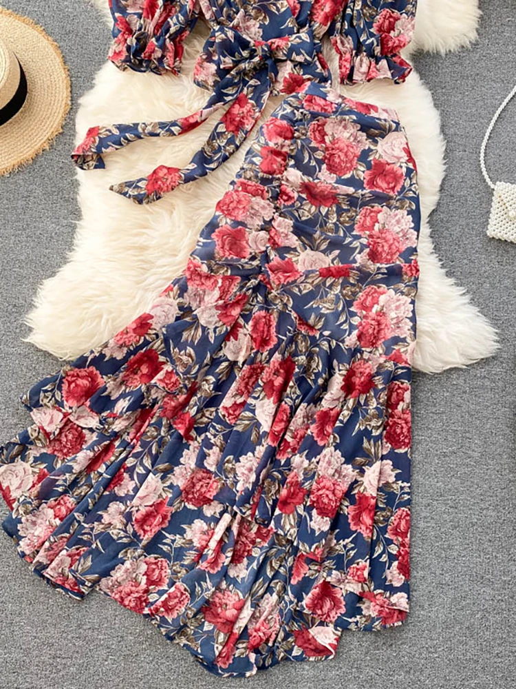 Bohemian Pink/Blue Floral Print Chiffon 2pcs Set Women Summer Bandage ...