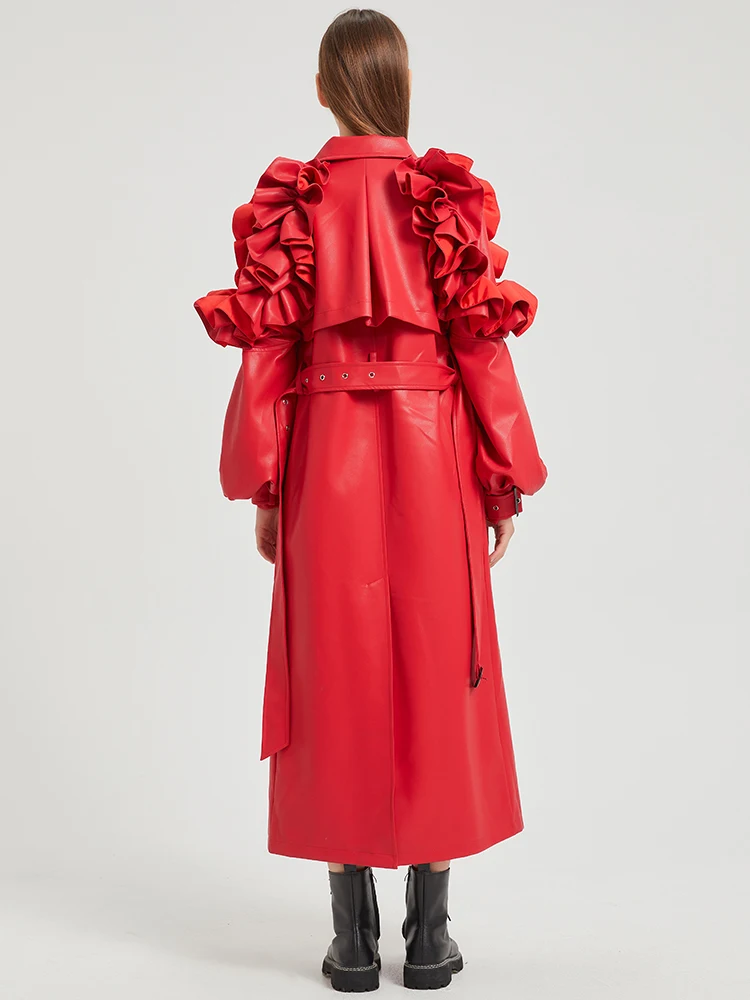 Lautaro Spring Autumn Long Ruffled Soft Pu Leather Trench Coat for ...