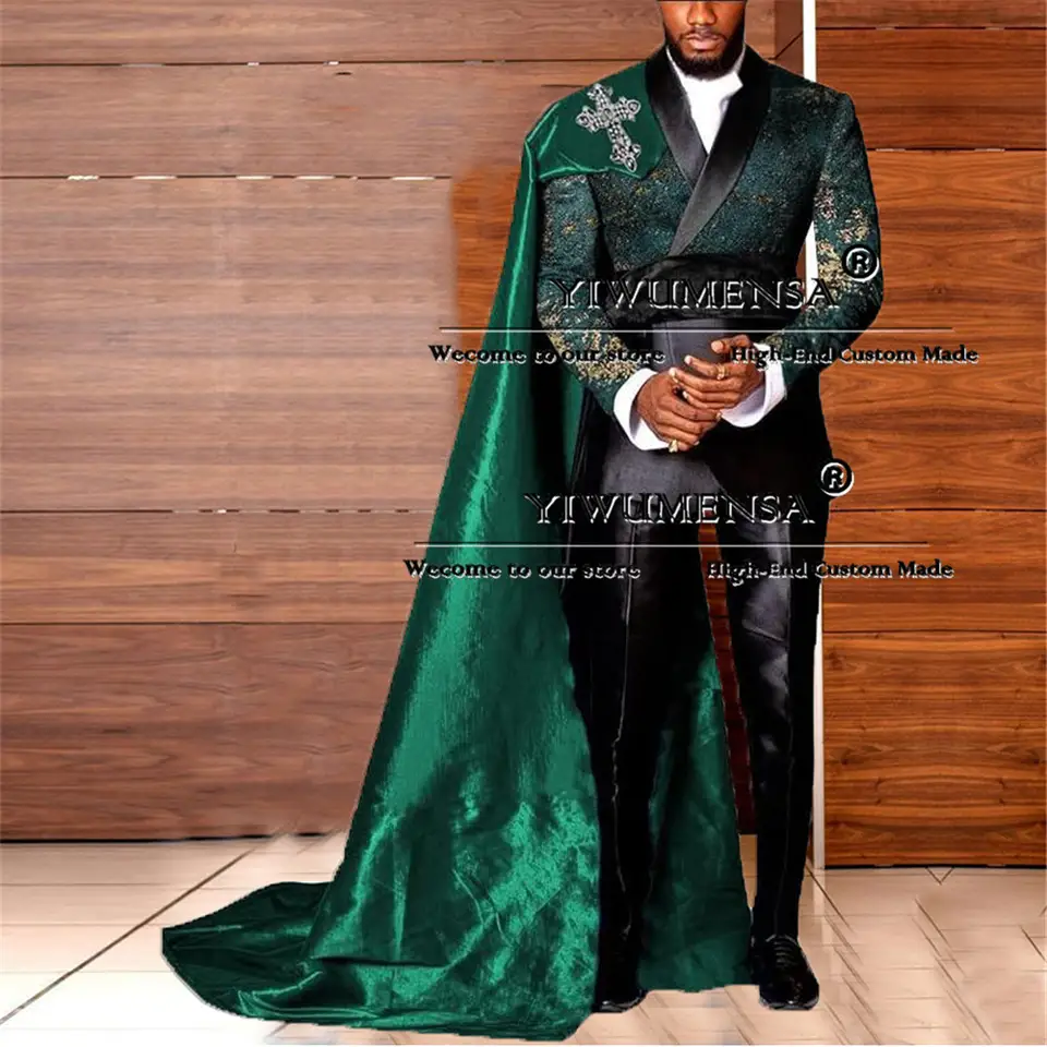 Elegant Green Bespoke Groom Tuxedo With Cape For Formal Events.