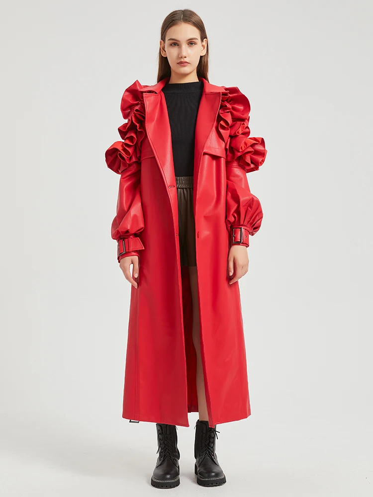 Lautaro Spring Autumn Long Ruffled Soft Pu Leather Trench Coat for ...