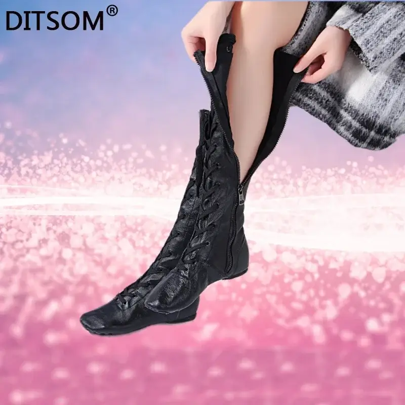 Genuine Leather High Dance Boots For Girls, Side Zip Ballet Shoes ...