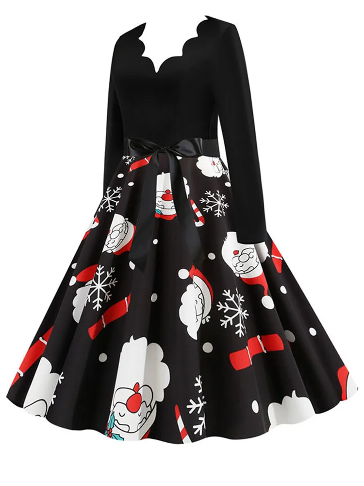 Black Big Swing Print Vintage Christmas Dress Women Winter Casual Long ...