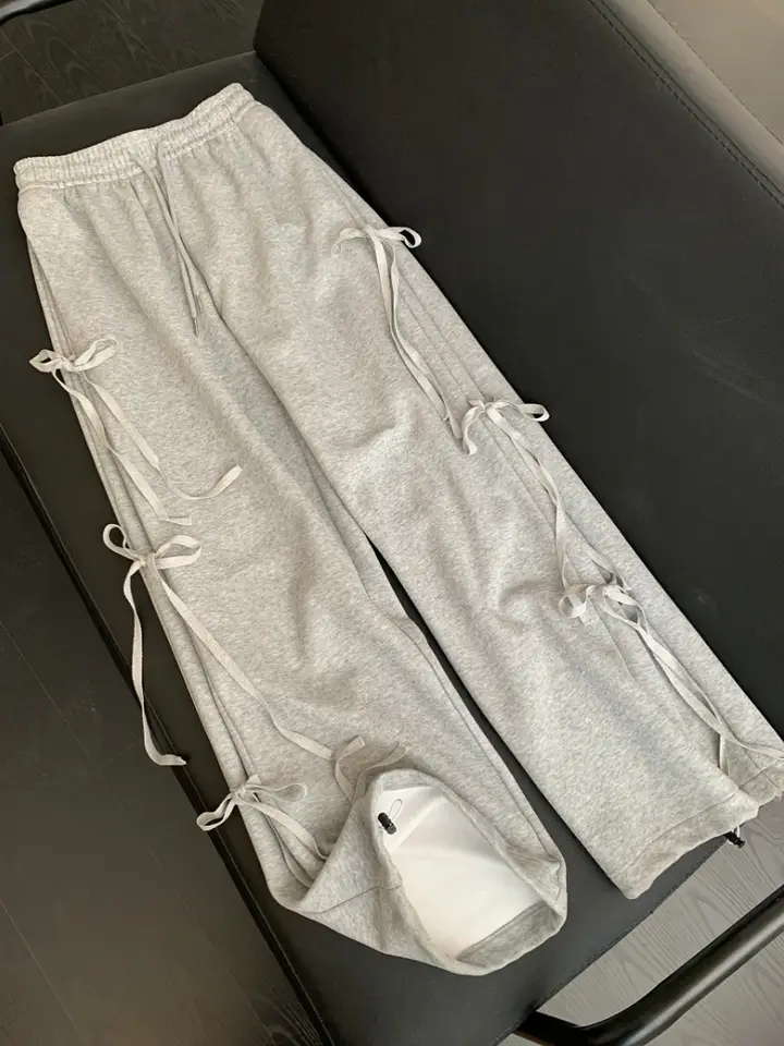 Grey Korean Bow Sweatpants, Vintage Lace-Up Style, Fashion Trend!