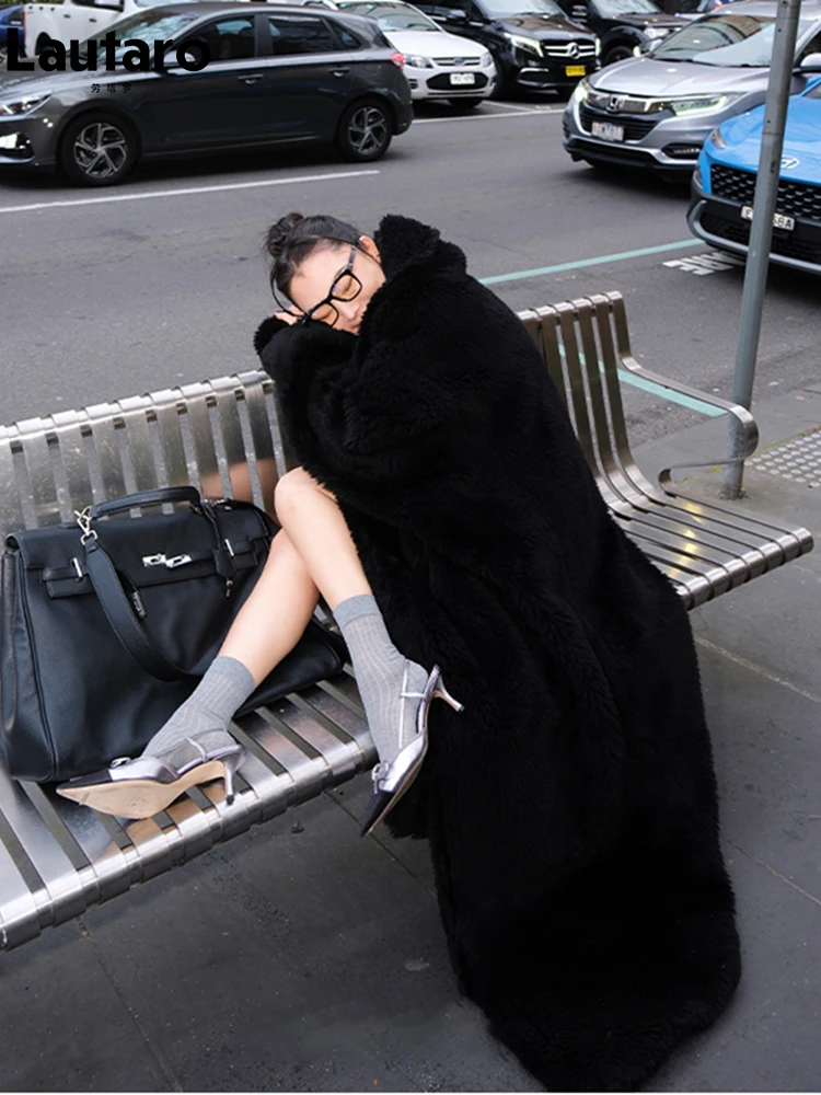 Warm, Oversized, Black Faux Fur Coat For Women; Ultra-Soft, Trendy European Fashion.