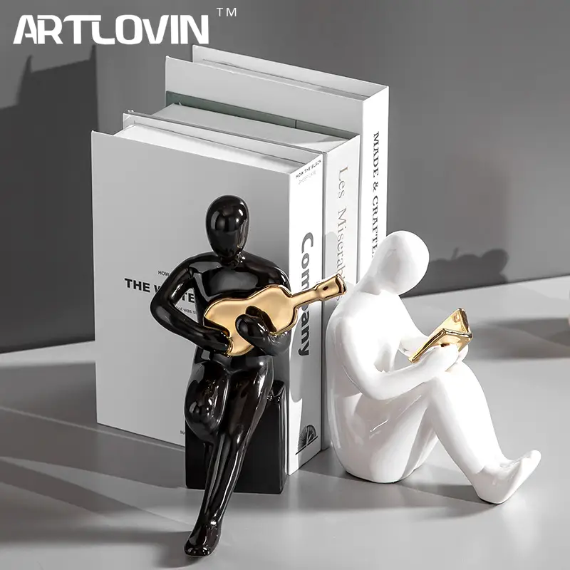 Black And White Nordic Figurines, Abstract Bookends For Office Decor.