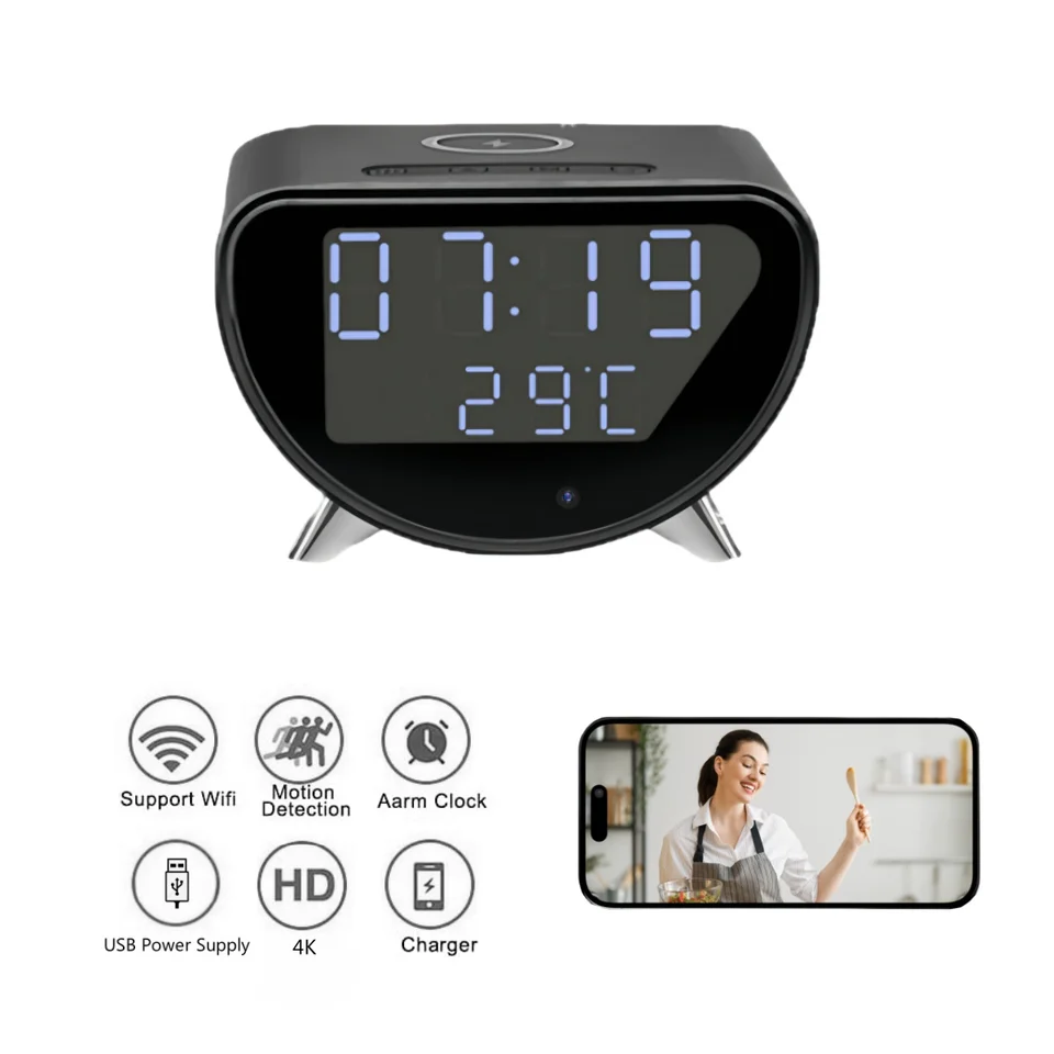 Mini Camera Alarm Clock With 4K Hd, Wireless Charging, Motion Detection.