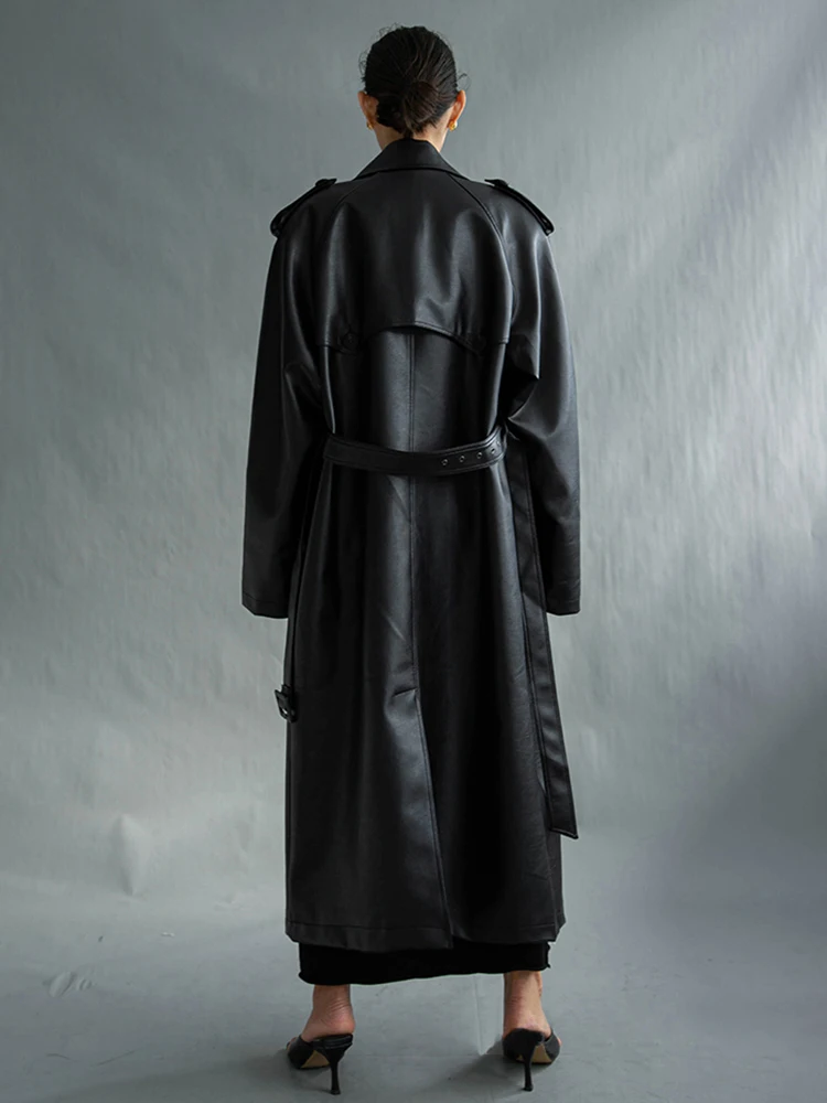 Lautaro Autumn Extra Long Oversized Black Faux Leather Trench Coat for ...