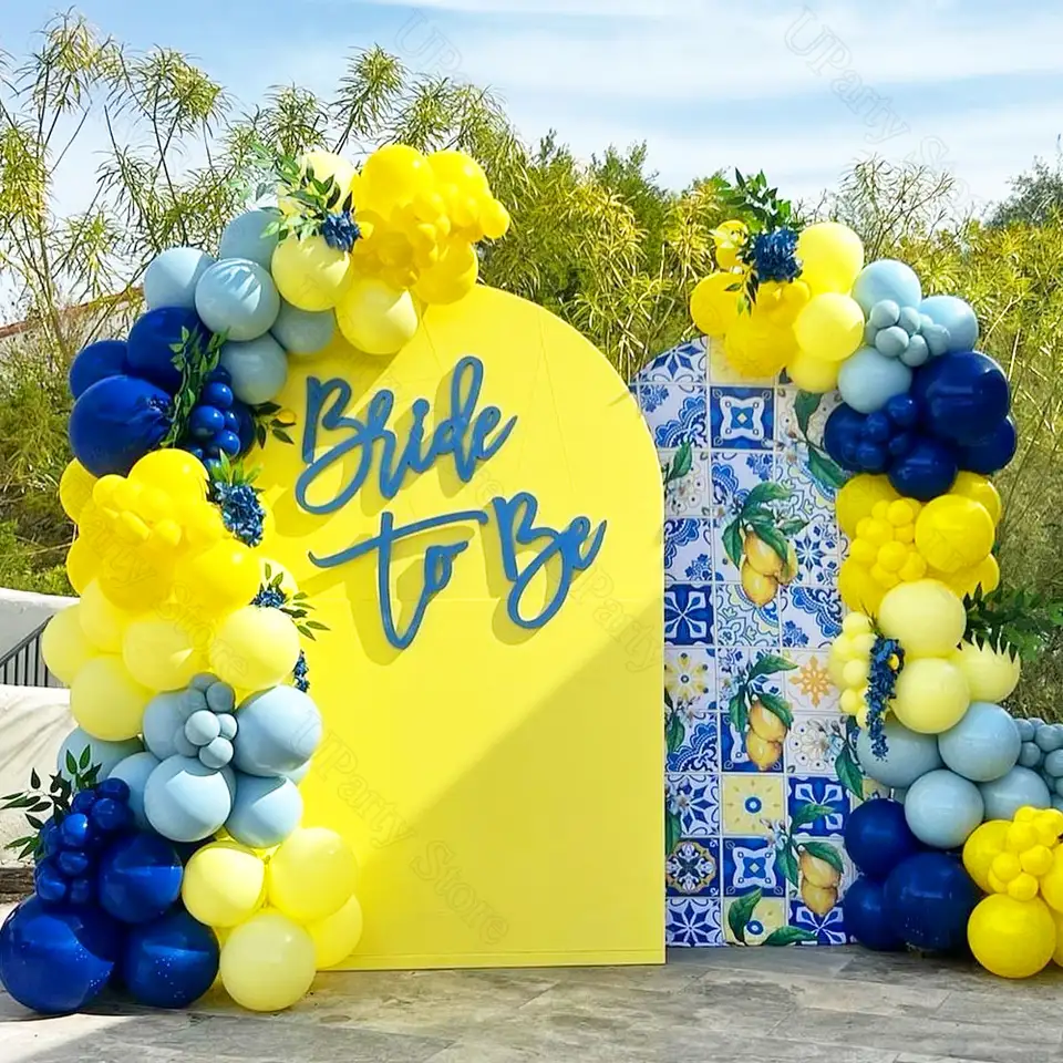 Navy, Yellow, And Dusty Blue Balloons For Birthdays And Weddings.