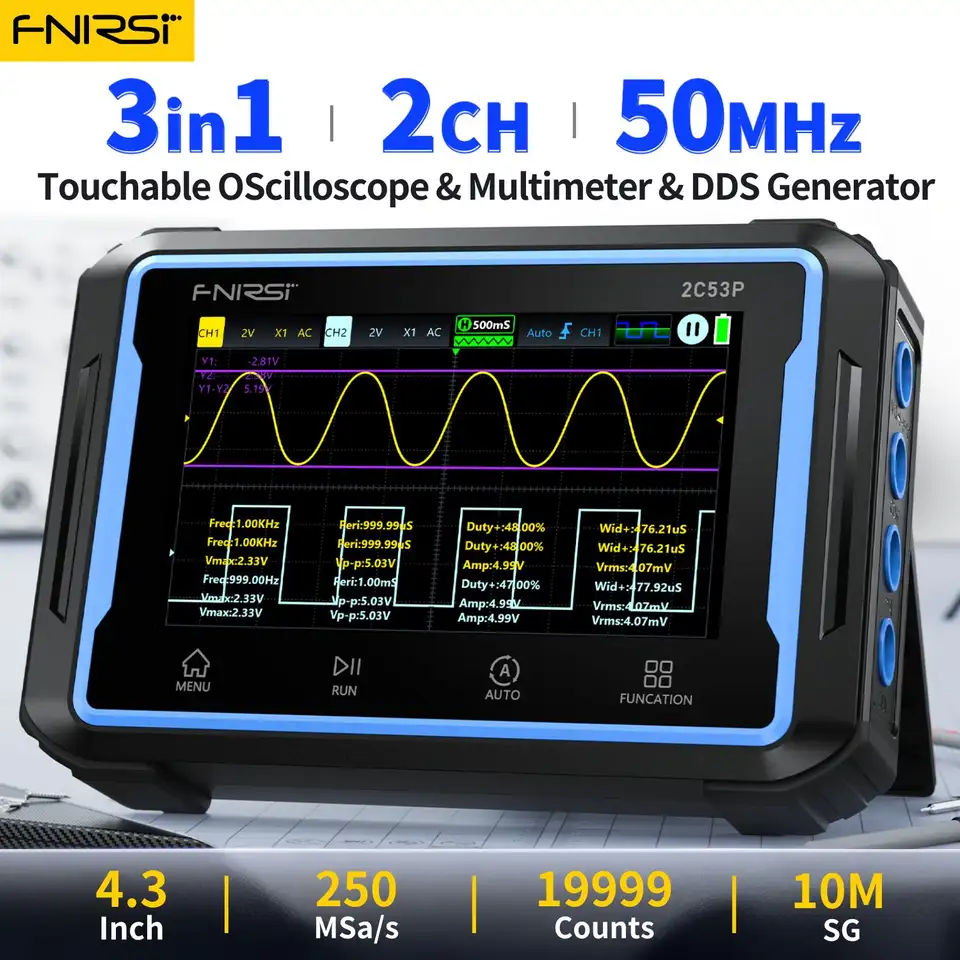 The FNIRSI 2C53P is a versatile, touch-screen digital oscilloscope ...