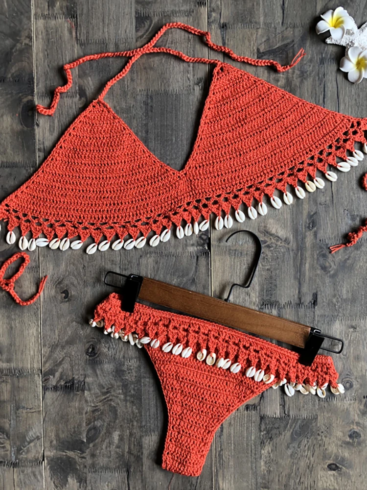 Crochet Bikini Set Shell Tassels Bikini Brazilian Crochet Swimsuit ...
