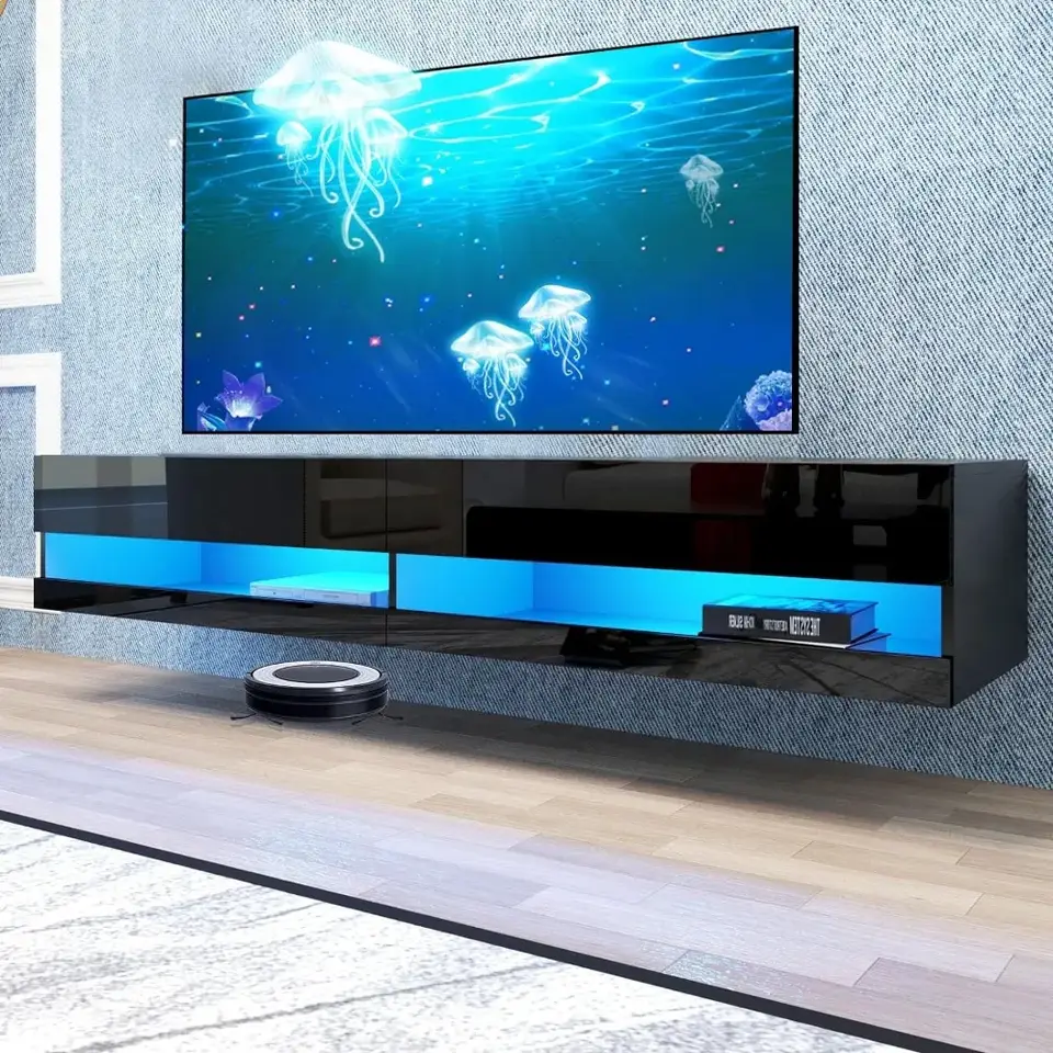 Elegant Wall Tv Stand With Led Lights, Storage, And Floating Design.