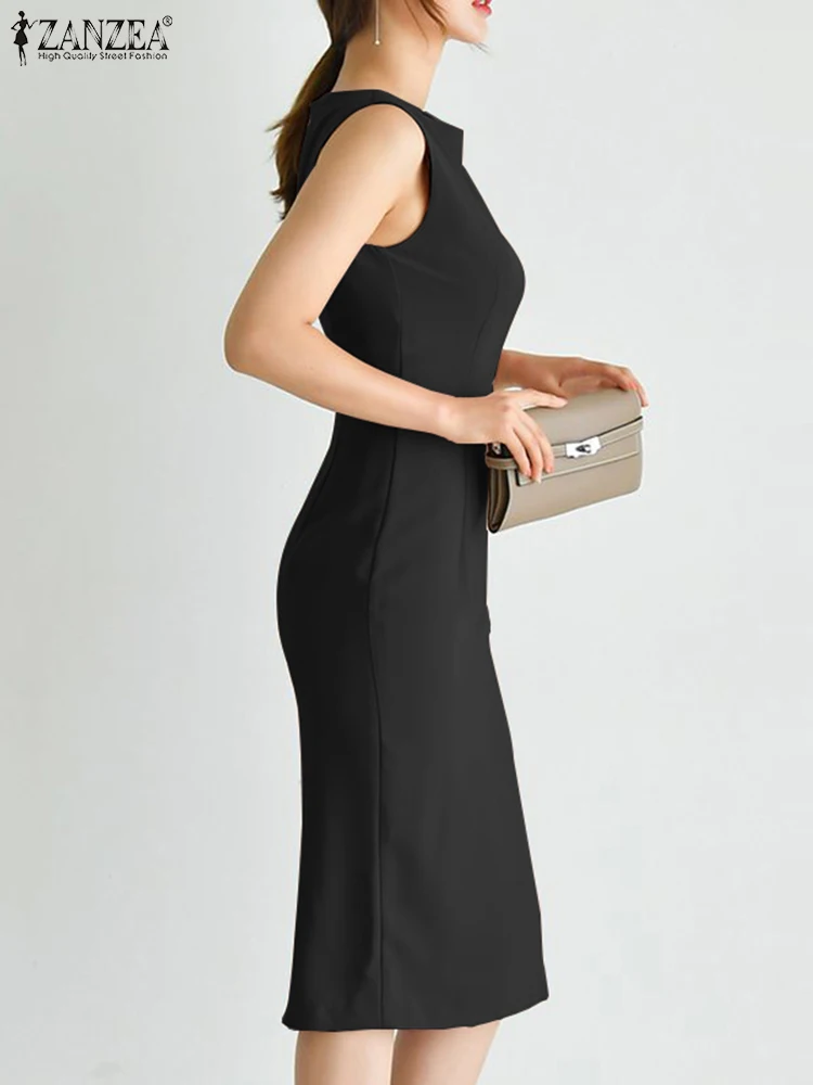 Elegant Office Lady Sleeveless Sundress Women Summer OL Work Midi Dress ...