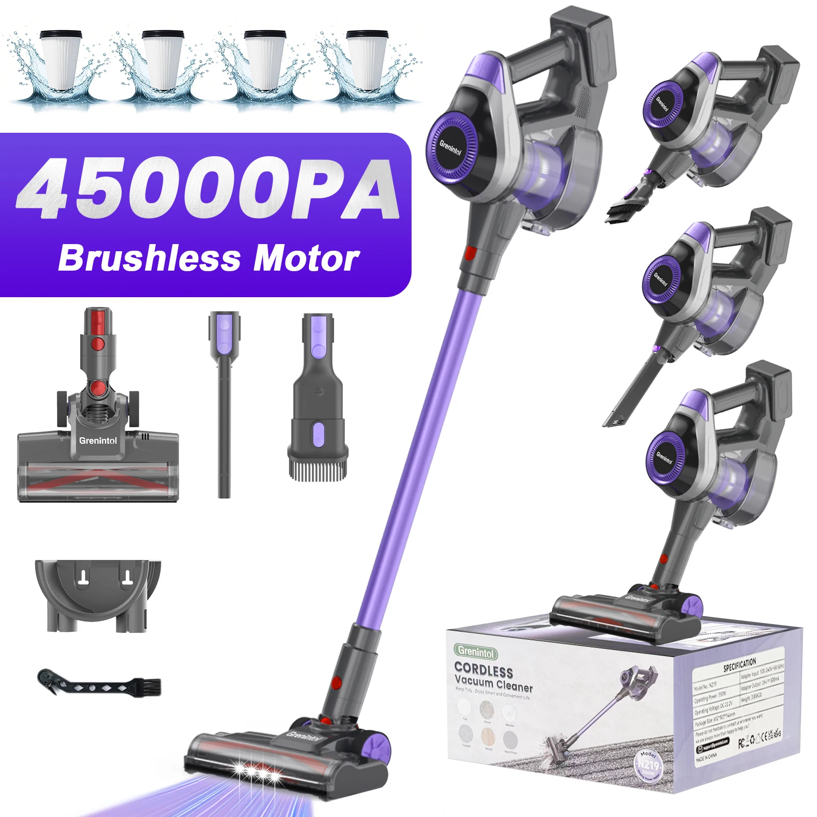 Aspiradora inalámbrica Grenintol 45000Pa 350W 80Min 8 en 1 aspiradora ...