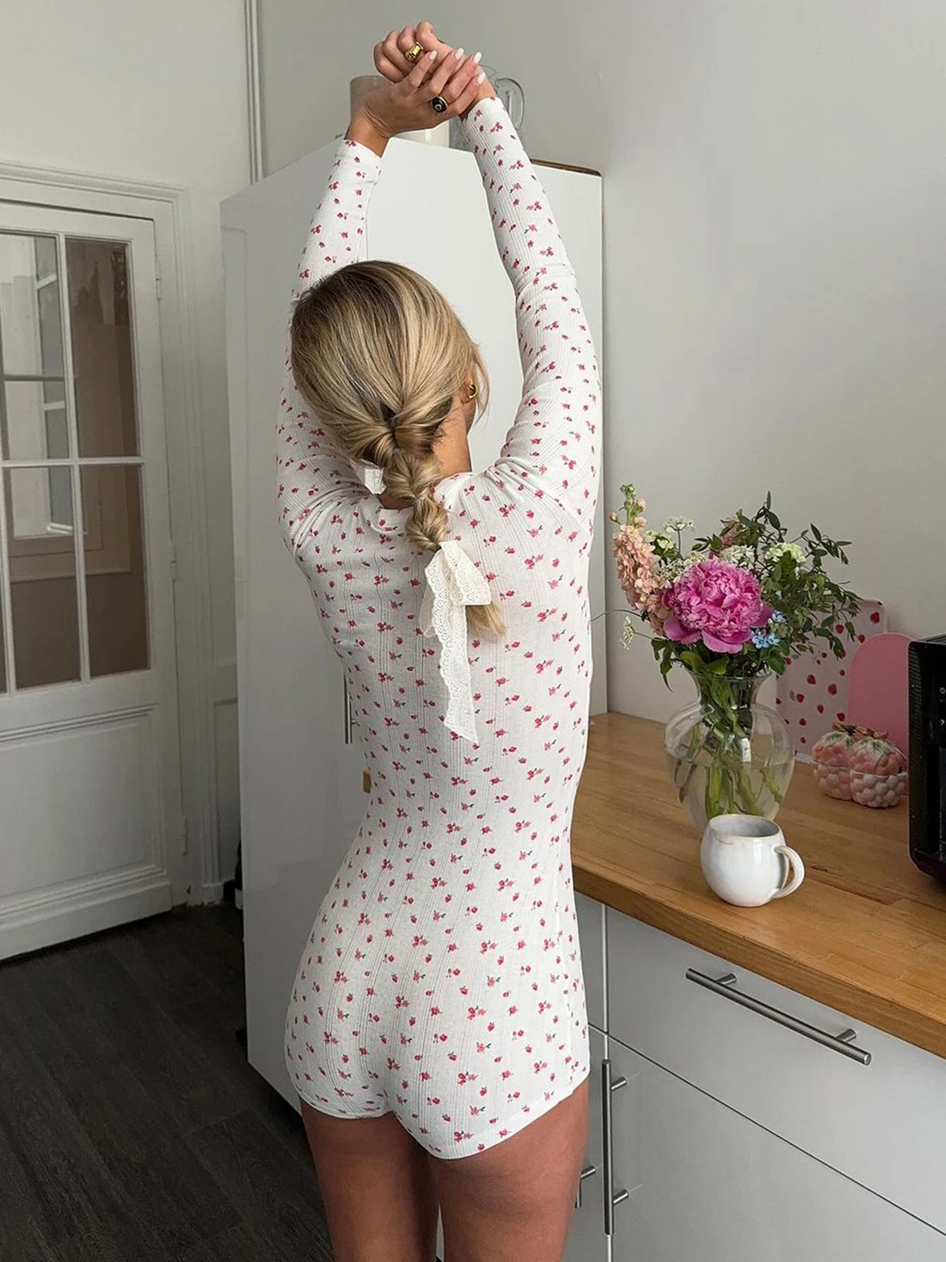 Hawthaw Women 2025 Spring Autumn Long Sleeve V Neck Floral Bodycon ...