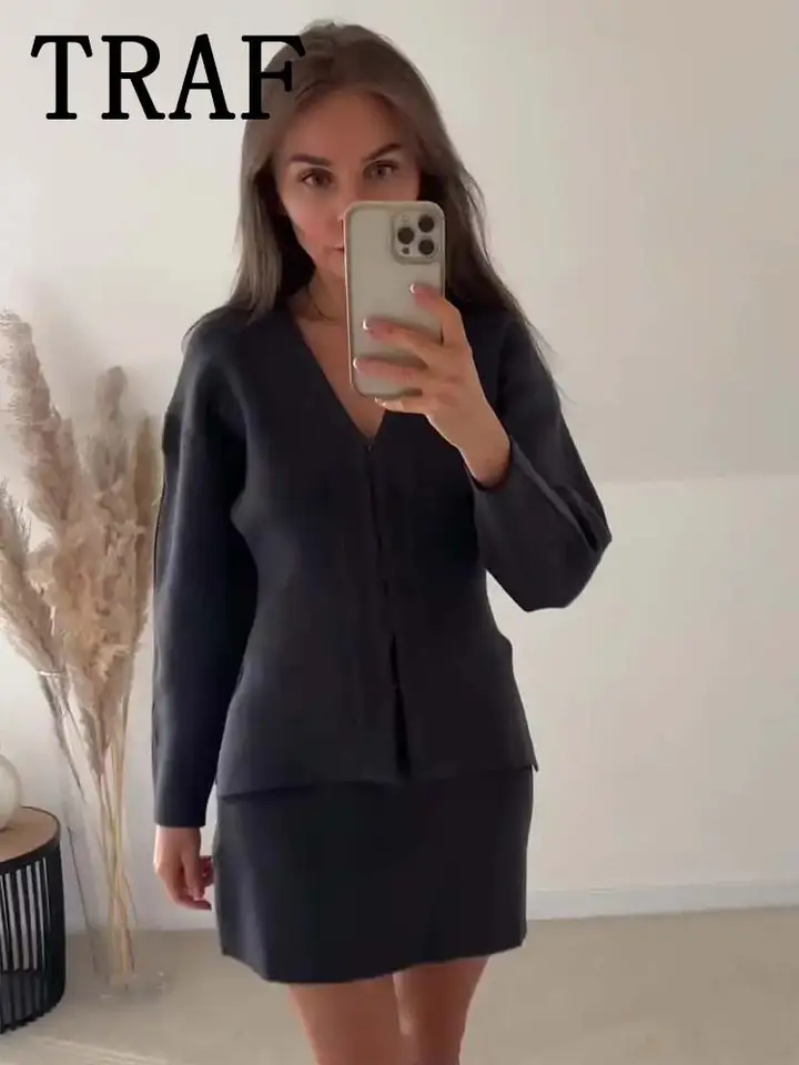 Stylish Traf Women'S Mini Skirt & Knit Coat Set For Trendy Outfits.