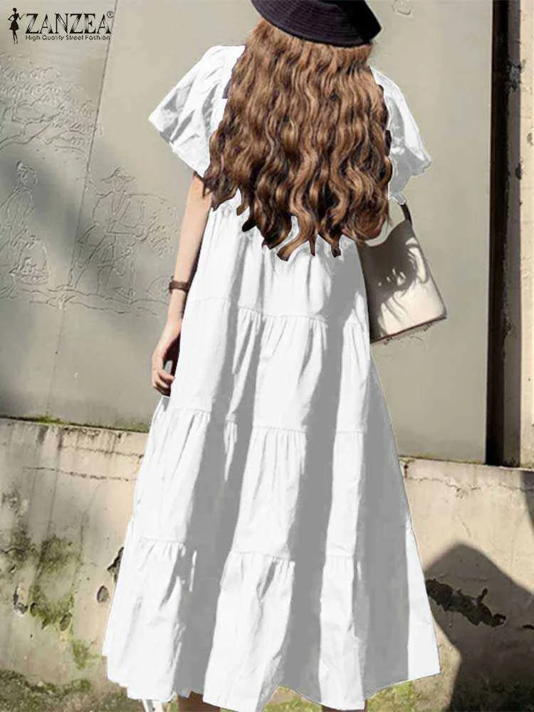 2023 ZANZEA Fashion Summer Ruffles Dress Vintage Solid Holiday Party ...