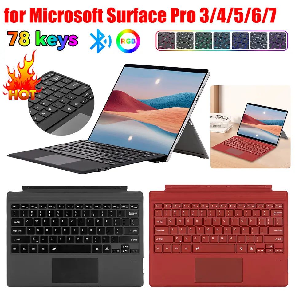 Backlit Bluetooth Keyboard For Surface Pro 3-7, Rechargeable, Multi-Touch.