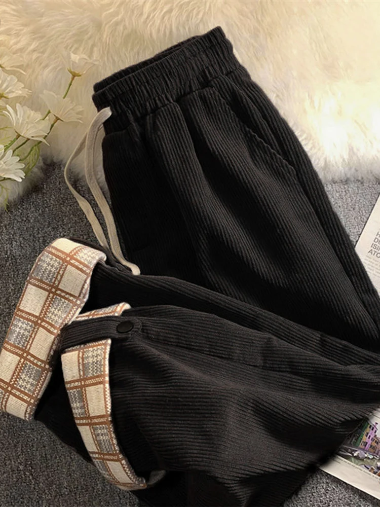 JMPRS Fashion Plaid Hemming Women Corduroy Pants High Waist Fall Black Korean Loose Straight ...