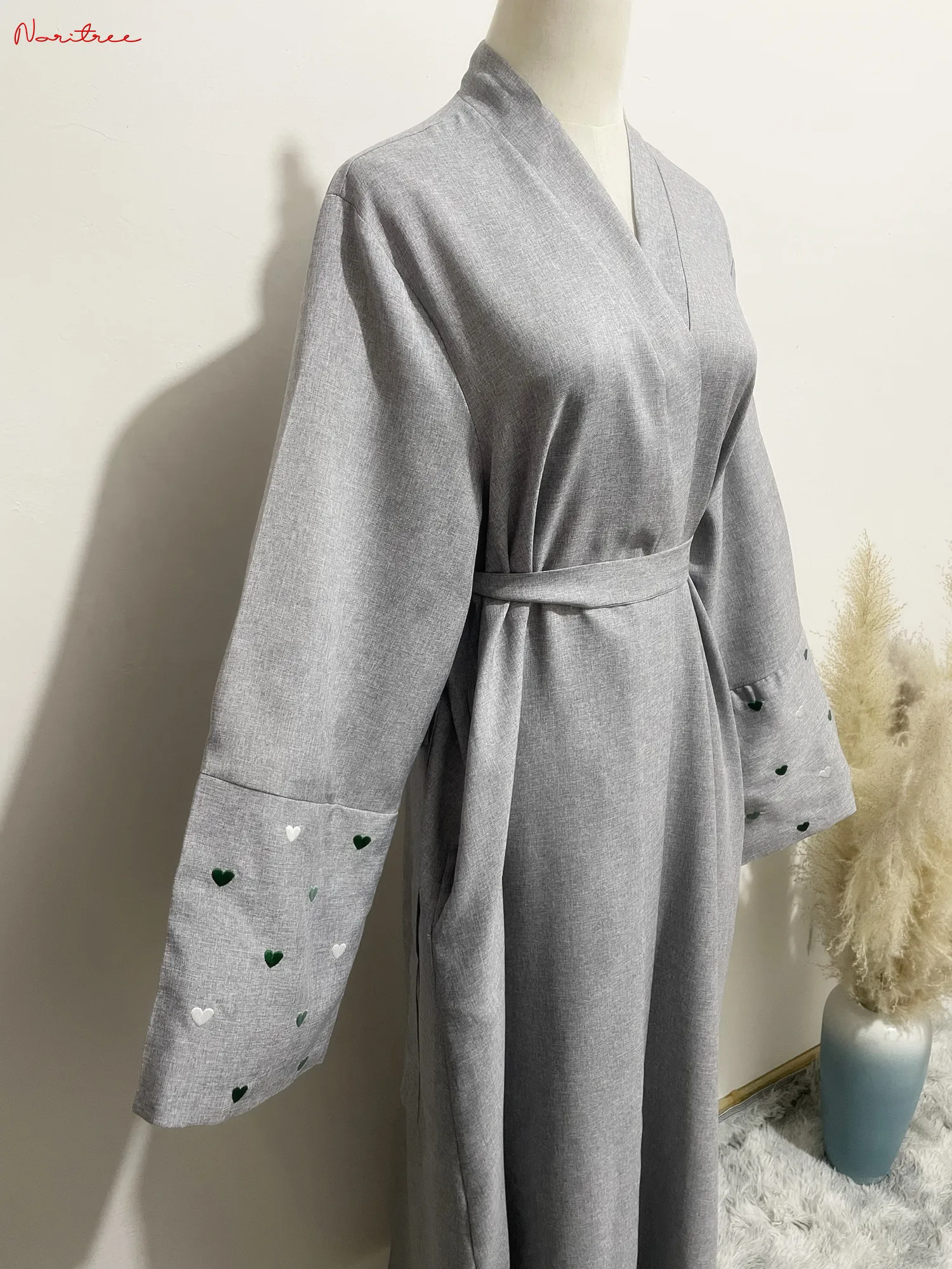 Love Embroidery Kimono With Belt Oversized Muslim Robe abaya syari ...