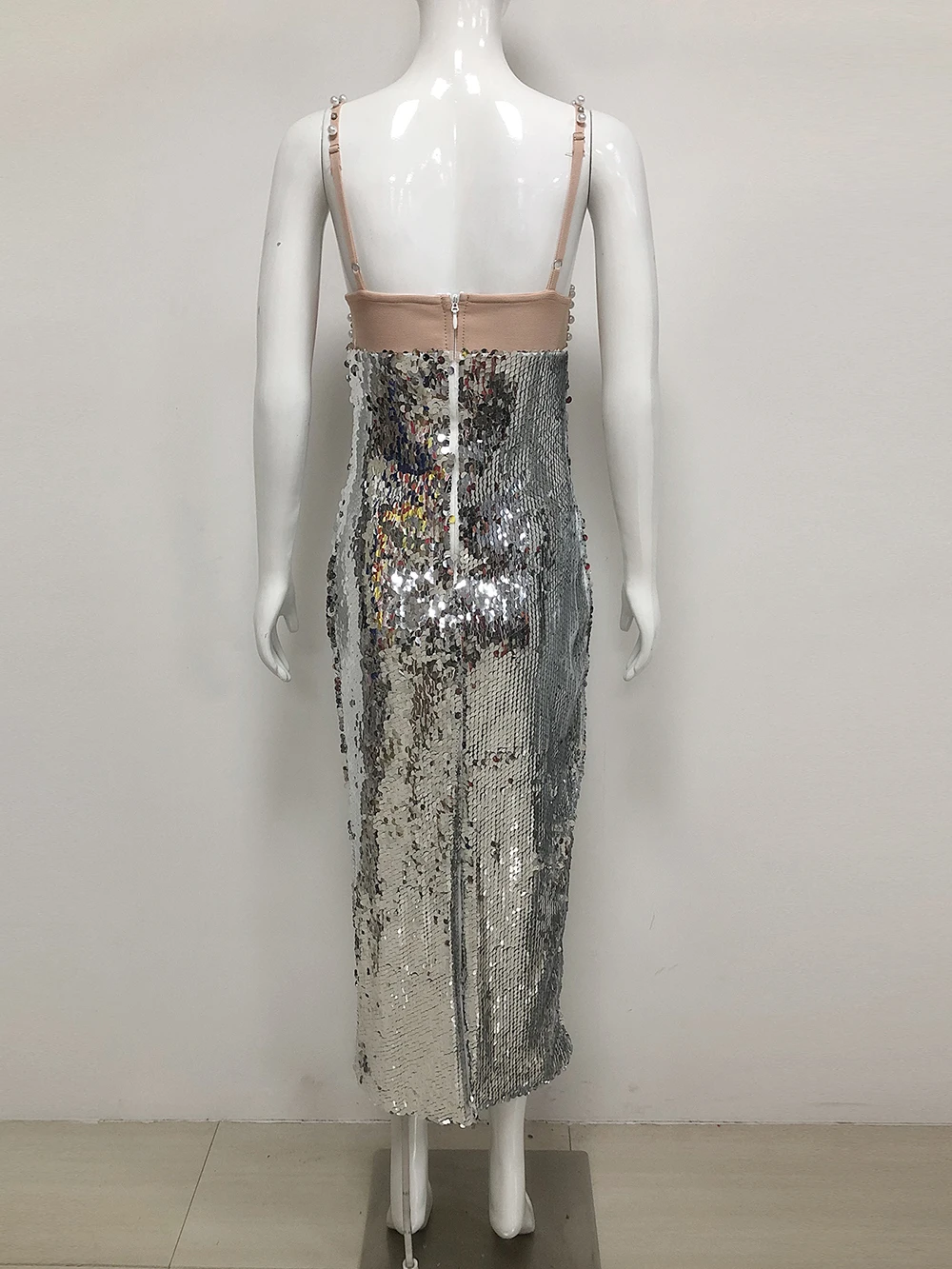 Gaun Bodycon Midi Payet Perak Berlian Manik-manik Mutiara Punggung ...