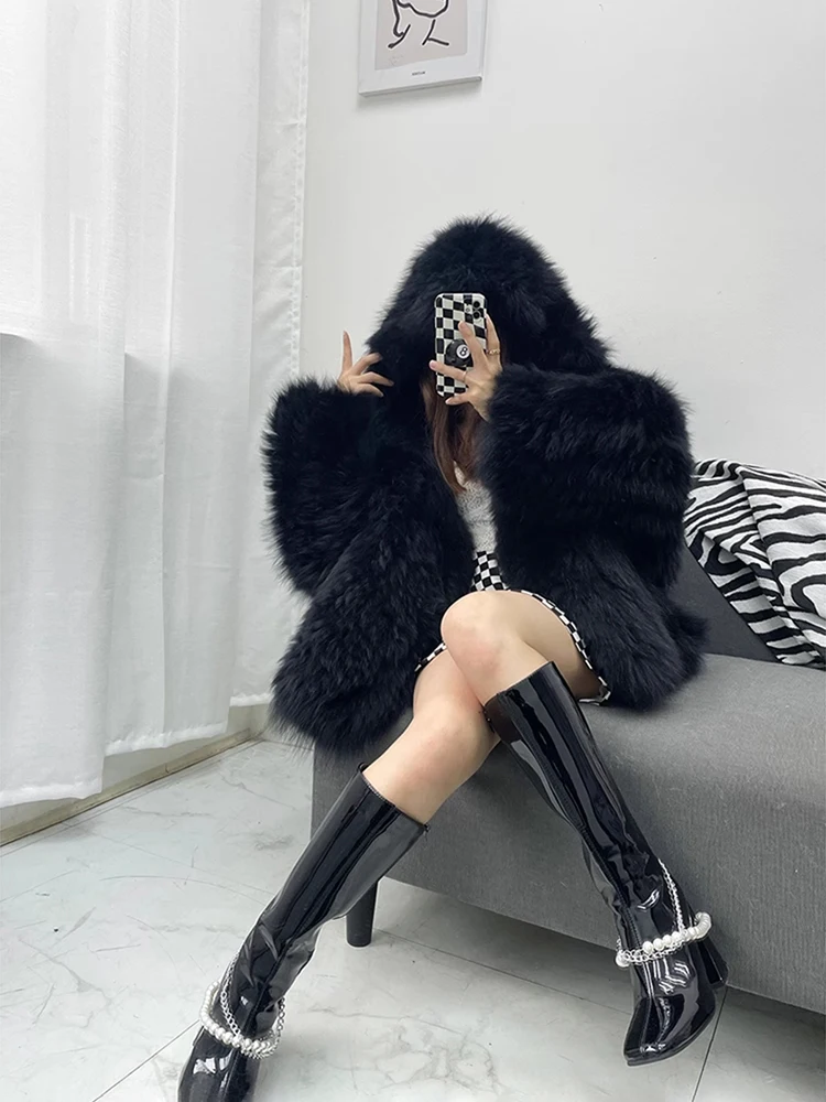 Lautaro Winter Shaggy Hairy Thick Warm Soft Colored Faux Fur Jacket Women with Hood Bat Sleeved ...