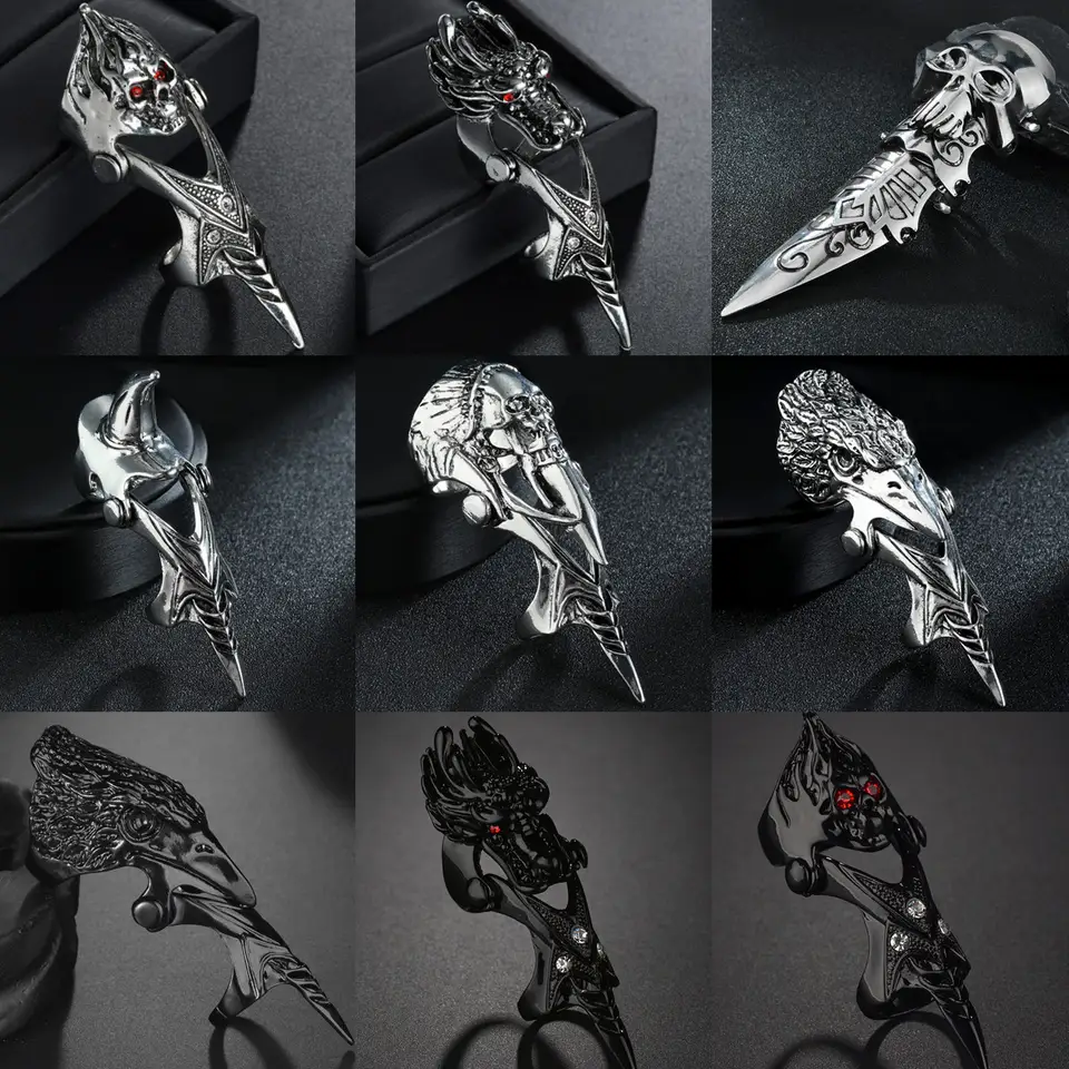 Gothic Punk Dragon Eagle Skull Knuckle Ring, Cool Heavy Rock Party Jewelry.
