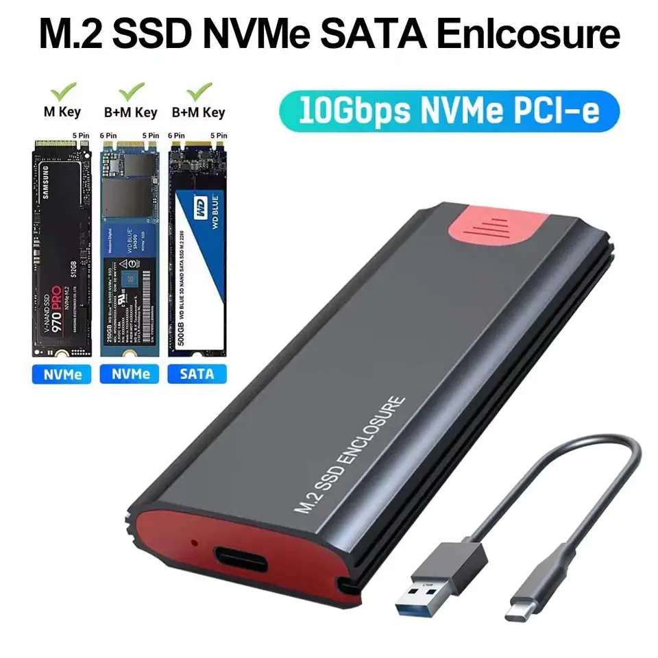 Portable M2 Nvme Ssd Enclosure, 10Gbps, Usb-C, Aluminum Heat Sink